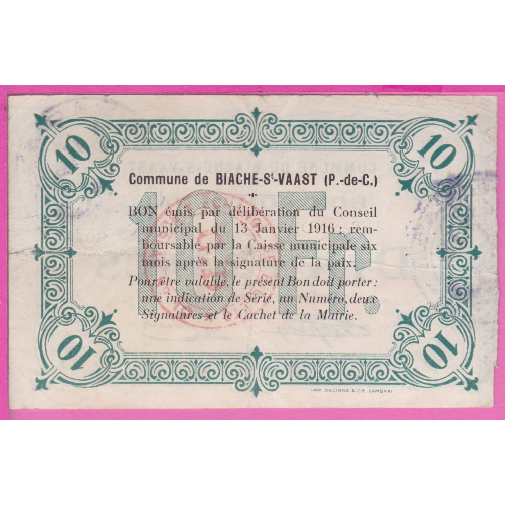 Billet De Nécéssité Biache-St-Vaast ETAT TTB+ 10 Francs RARE 1916 (419)